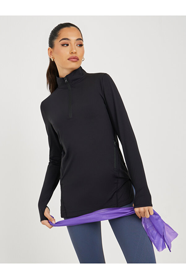 Styli Half Zip Up Side Slit Curved Hem Thumbhole Detail Longline Top ...