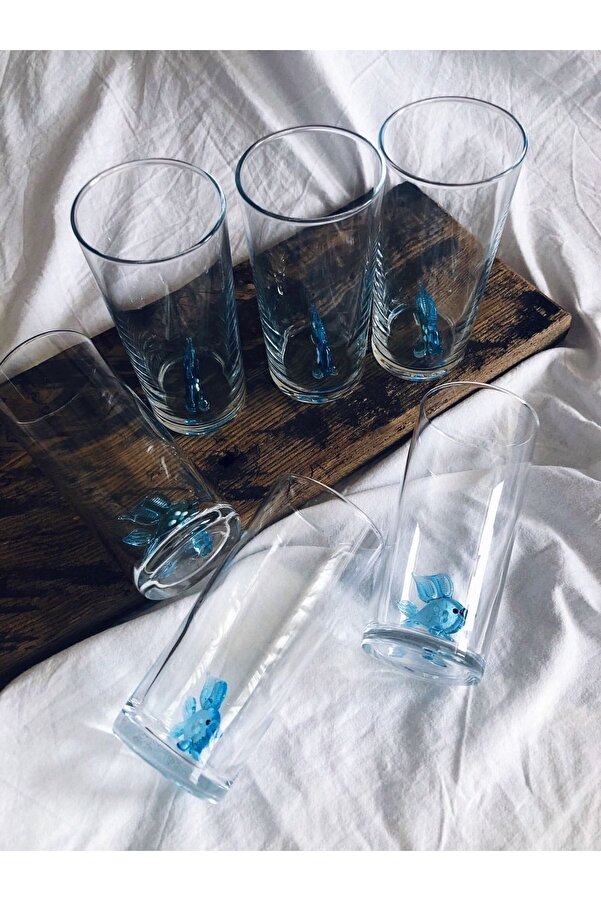 Minizooistanbul Set of 6 Handmade Glass Blue Fish Glasses- Trendyol