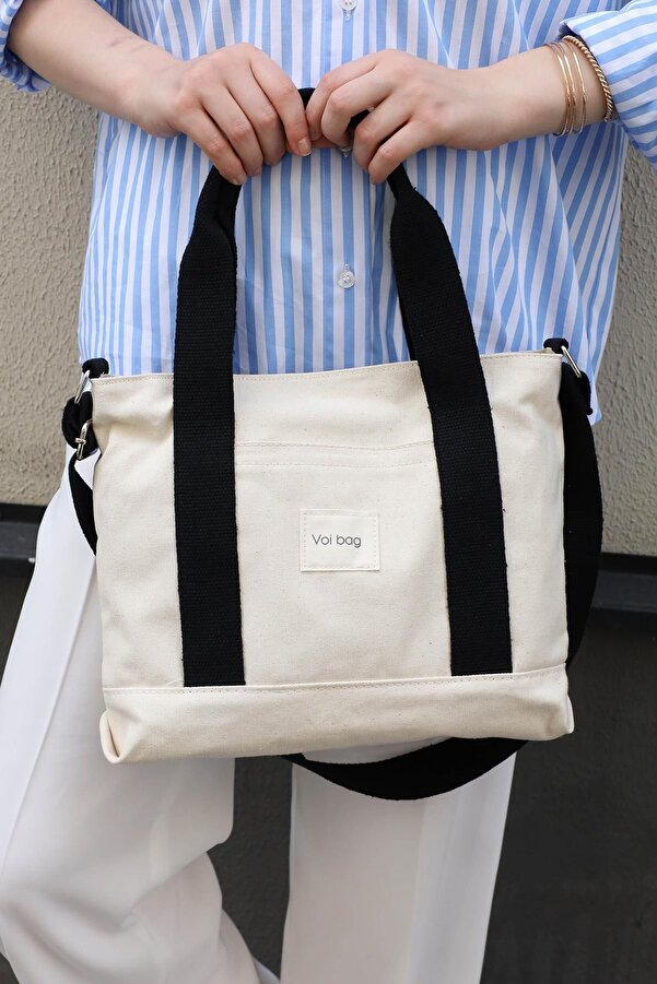 Mopia Cleo Black Cream Canvas Tote - Shoulder and Crossbody Bag - Trendyol