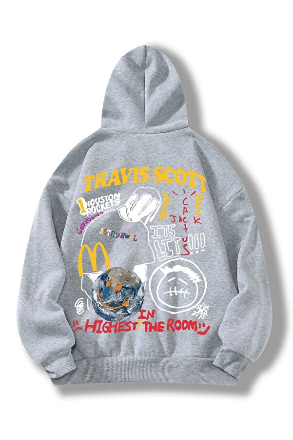 modaberry Travis Scott Sweatshirt - Gray Printed Oversize Thick Hooded ...