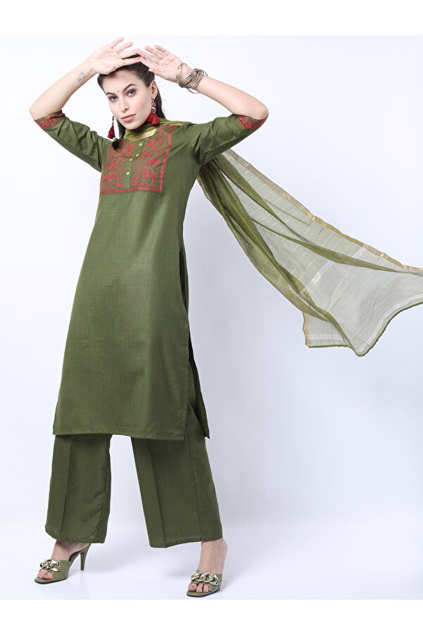 Ketch By Styli Embroidered Straight Kurta and Palazzo with Dupatta Set ...