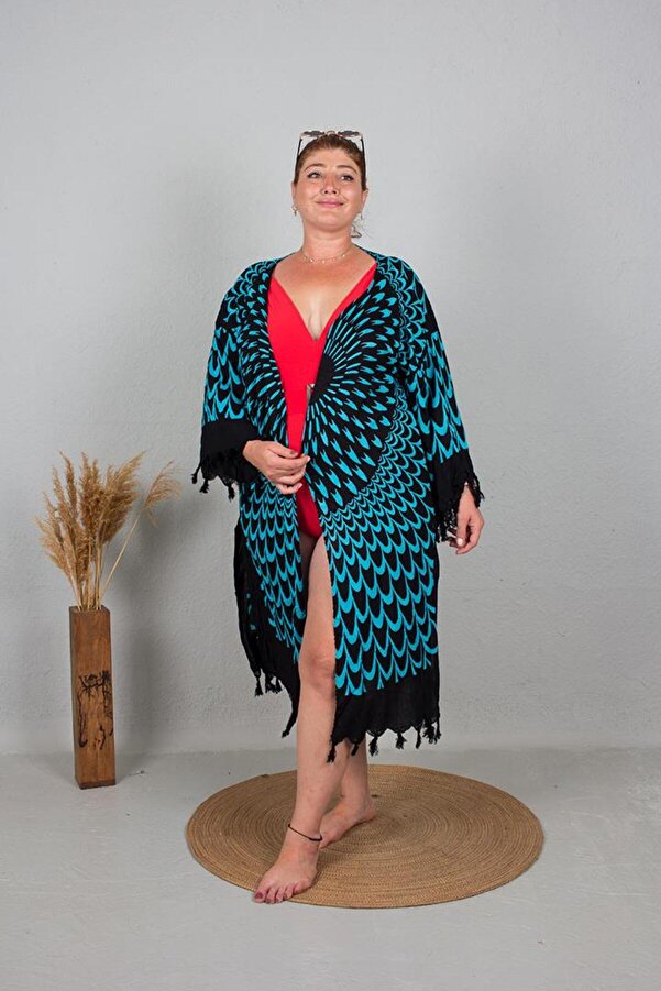 Truva XXL Plus Size Black Cotton Patterned Pareo - Pr002 - Trendyol