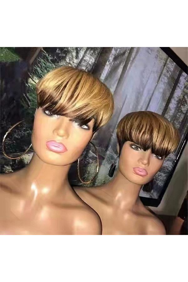 Choice Pixie Cut Wigs for Black Women Human Hair Short Bob Wigs with Bangs Black Mixed Brown Highlight C. Trendyol