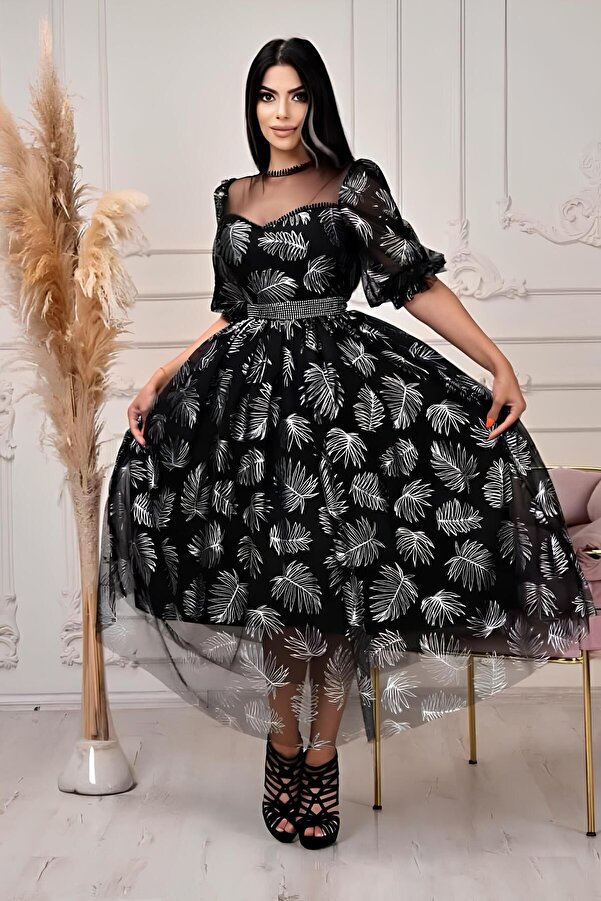 Matik Abiyem Varak Digital Printed Transparent Low-cut Below the Knee Evening Dress - Trendyol