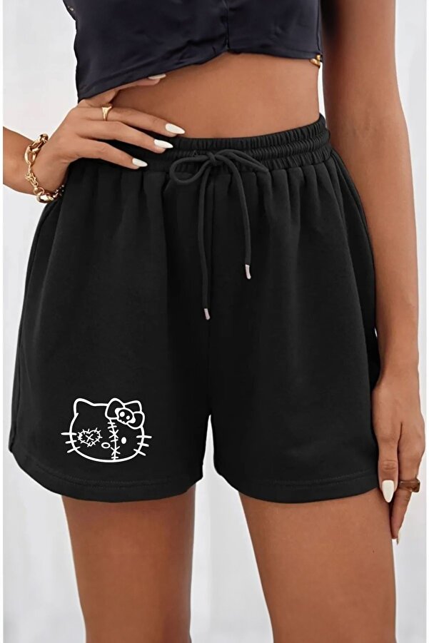 byoreon Black Printed Cat Combed Cotton Shorts- Trendyol