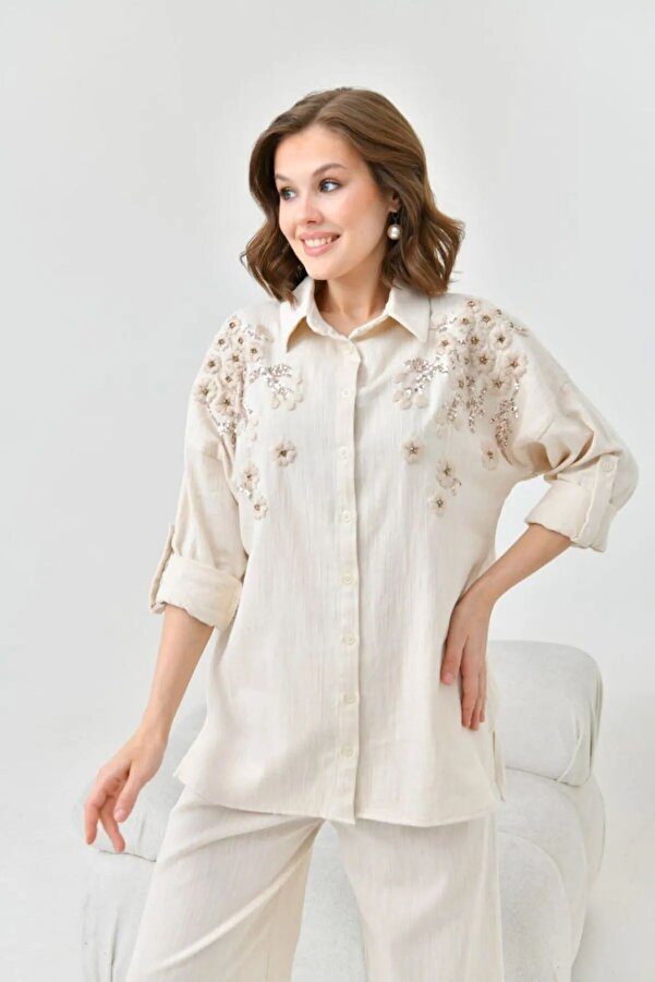 MVStore Floral Patterned Embroidered and Stone Detailed Linen Oversize ...