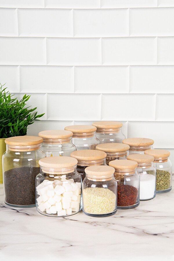 DNS HOME 12-Piece Glass Jar Set Wooden Vacuum Lid Pulses Set Spice Jar ...
