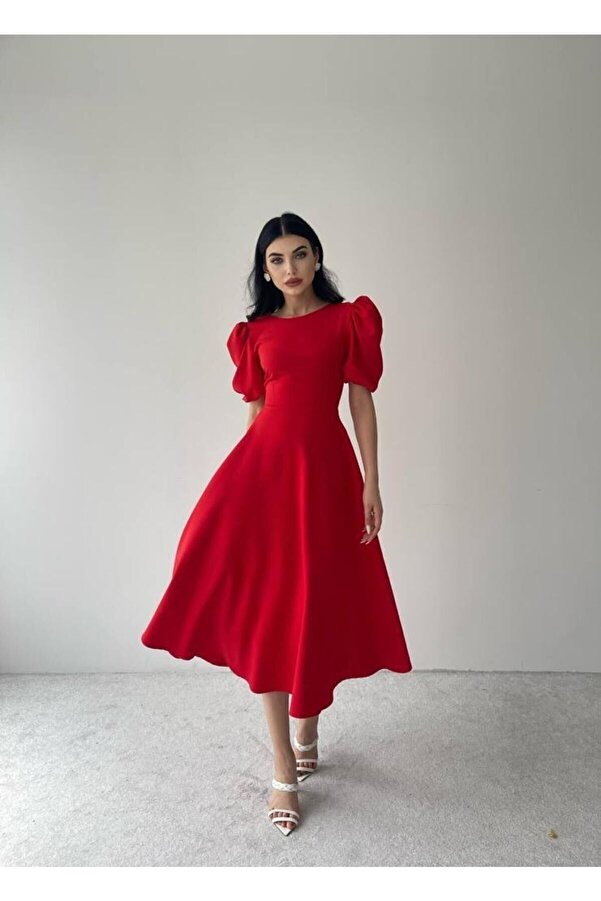 MRY BUTİK - Red Watermelon Sleeve Midi Dress - Trendyol