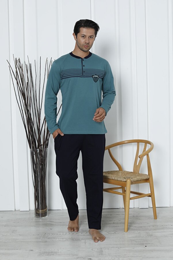 KAPİTEX Мъжки зелен пижамен комплект с дълъг ръкав - 100% памук, джоб и ...