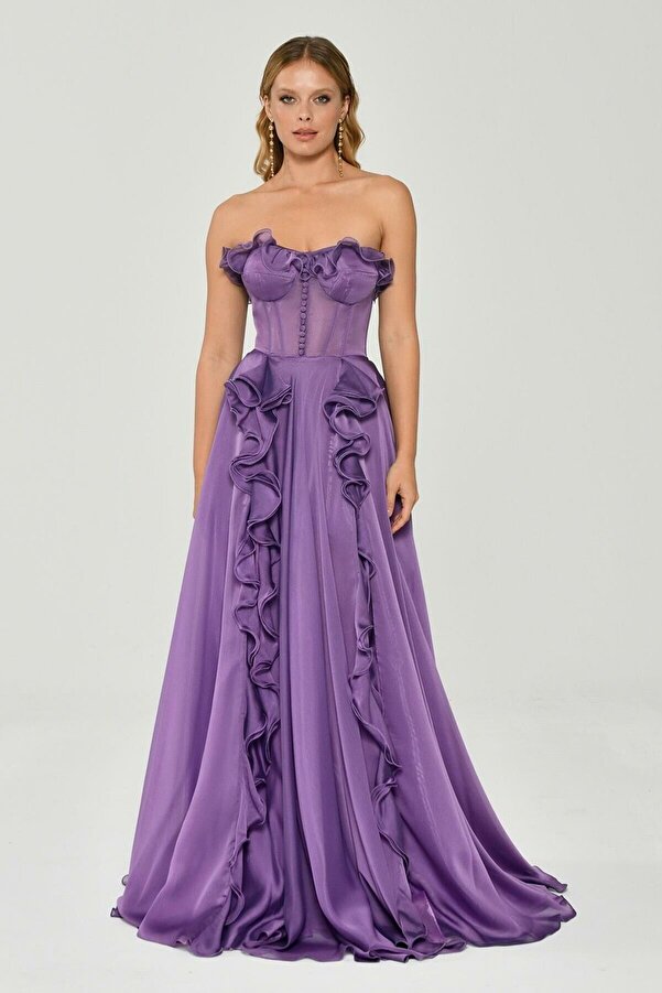 ALFABETA Strapless Chiffon Dress - Long Design with Ruffles and Slit ...