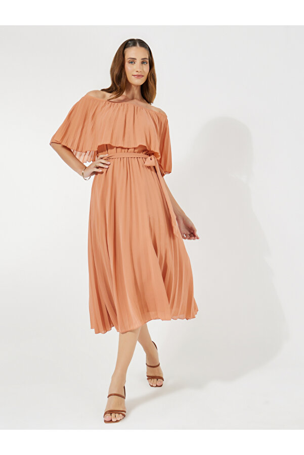 Styli Pleated Overlay Off Shoulder Neck Midi Dress - Trendyol