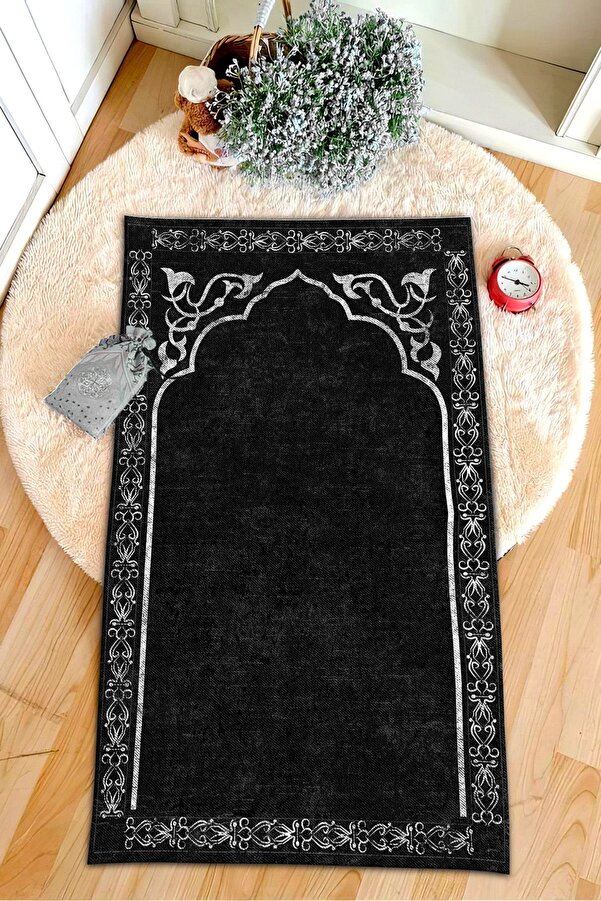 DEKOMOD Decorative Digital Printed Black Non-Slip Base Prayer Rug ...