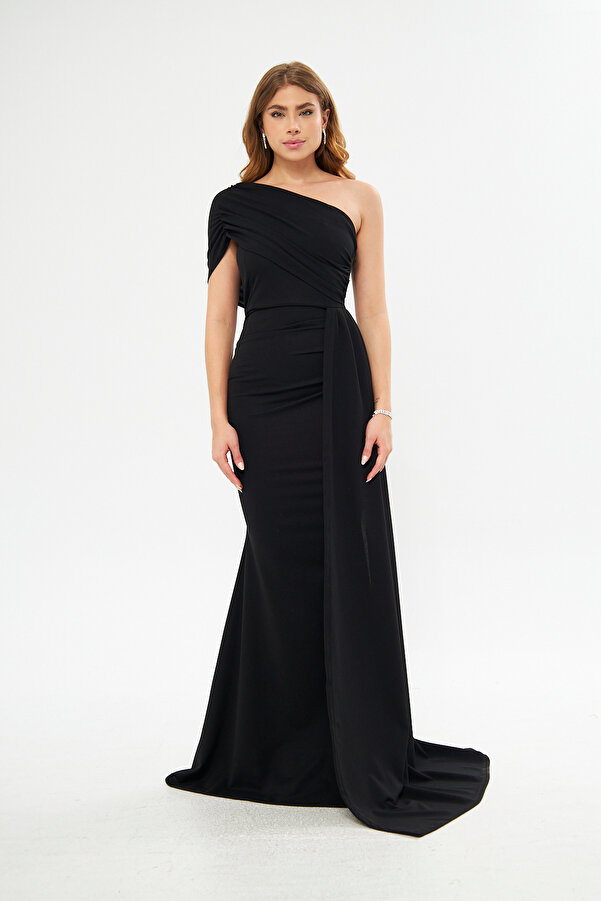 ModaLy Moda FLEXIBLE CREPE FABRIC BLACK COLOR EVENING DRESS WITH ONE ...