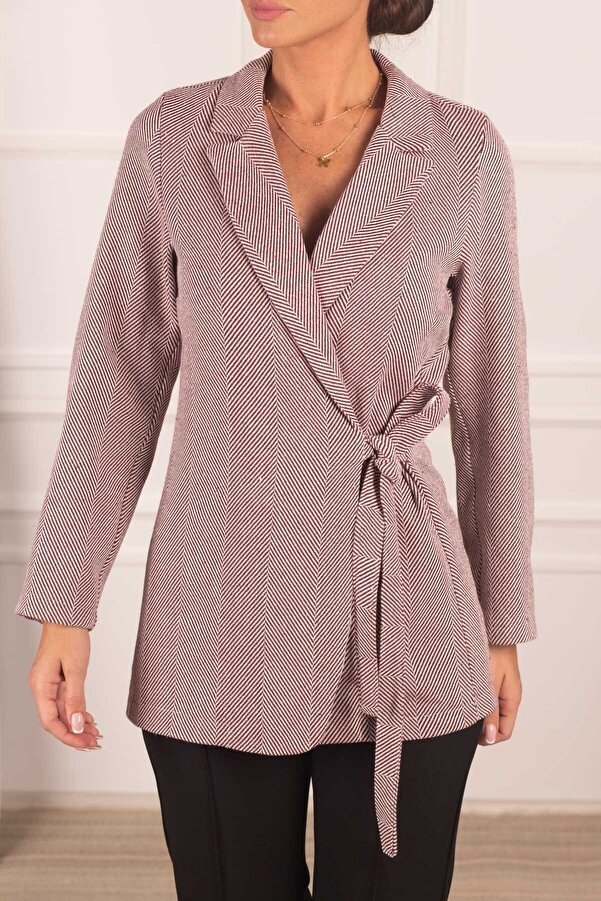 armonika Women's Burgundy Side Tie Herringbone Patterned Stitch Jacket ...