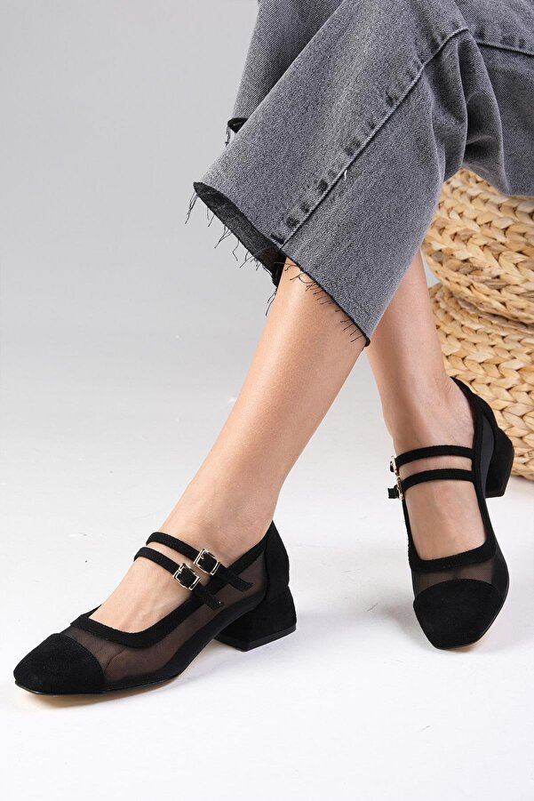 Mio Gusto Isabel Black Color Suede Blunt Toe Mesh Detailed Women's ...