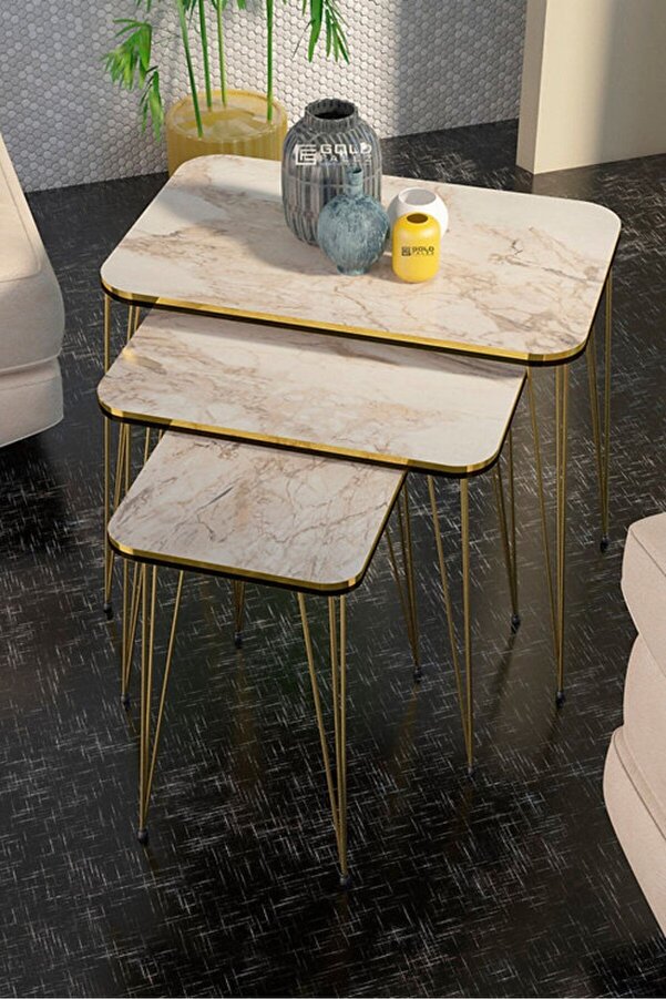 Golden Bark 3-piece set service side tables, serving coffee and tea ...
