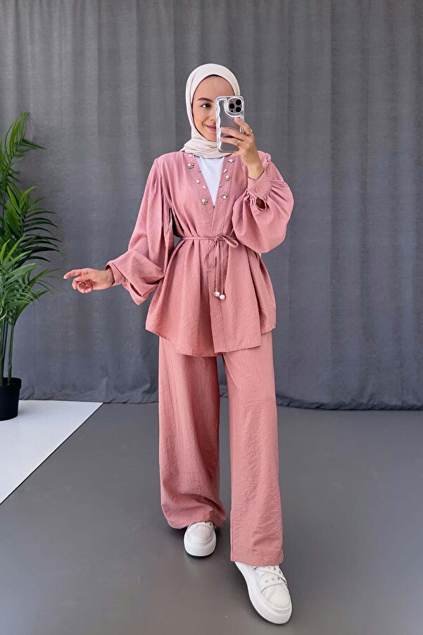 Ka Hijab Pink Pearl Detailed Kimon Set- Trendyol
