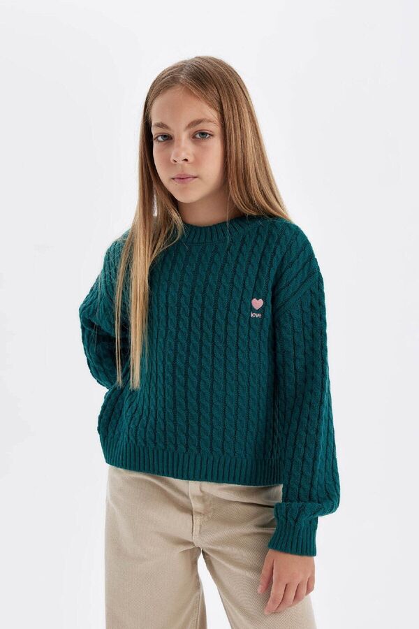 Defacto Girl's Dark Green Standard Fit Crew Neck Knitwear Sweater ...