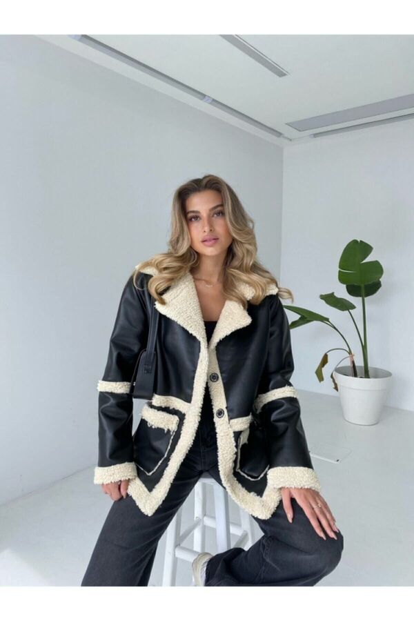 munora butik White Fur Inside Leather Coat with Big Pocket Detail- Trendyol