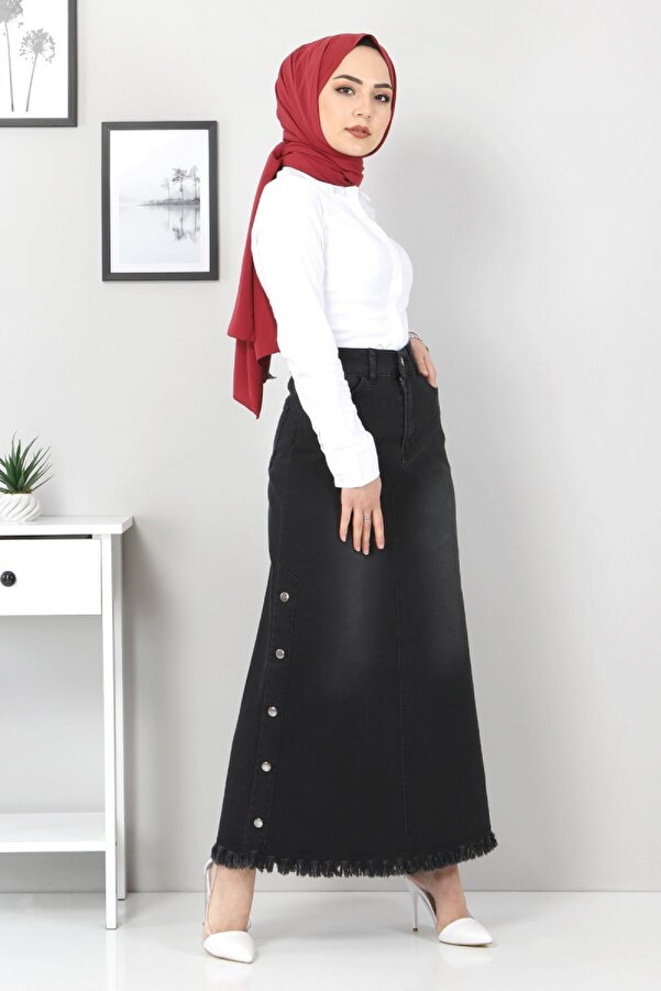 Tesettür Dünyası Denim Skirt with Flared Sides Tsd22019 Black - Trendyol