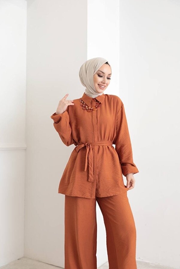 She Olive Hijab Set with Necklace and Trousers - Tile- Trendyol