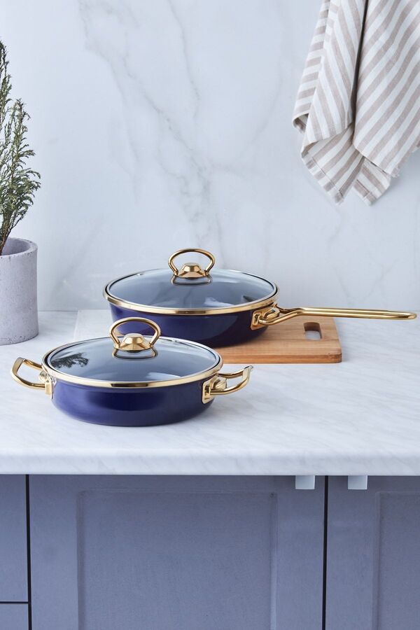 Karaca Piraye 2-Piece Enamel Pan and Saucepan Set with Lids, Dark Blue ...