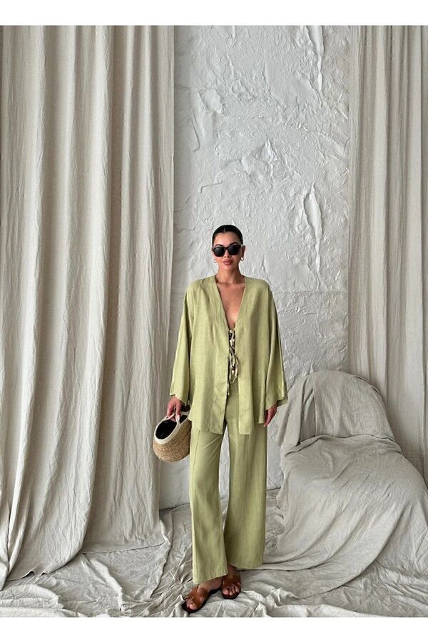 MY IMAGINE MODA Khaki Beaded Kimono Linen Set - Trendyol