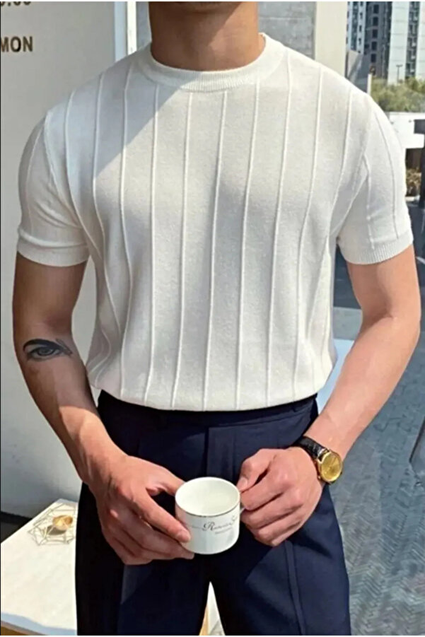 COOL TARZ White Men's Round Collar Knitted T-shirt- Trendyol