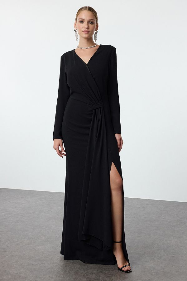 Trendyol Collection Schwarzes Langes Stilvolles Abendkleid Aus Krepp
