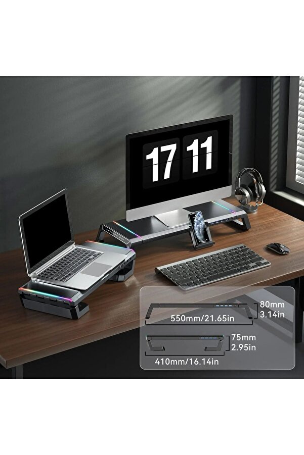 TechTic Computer Monitor Riser Laptop Stand Rgb 4 USB Hub Height ...
