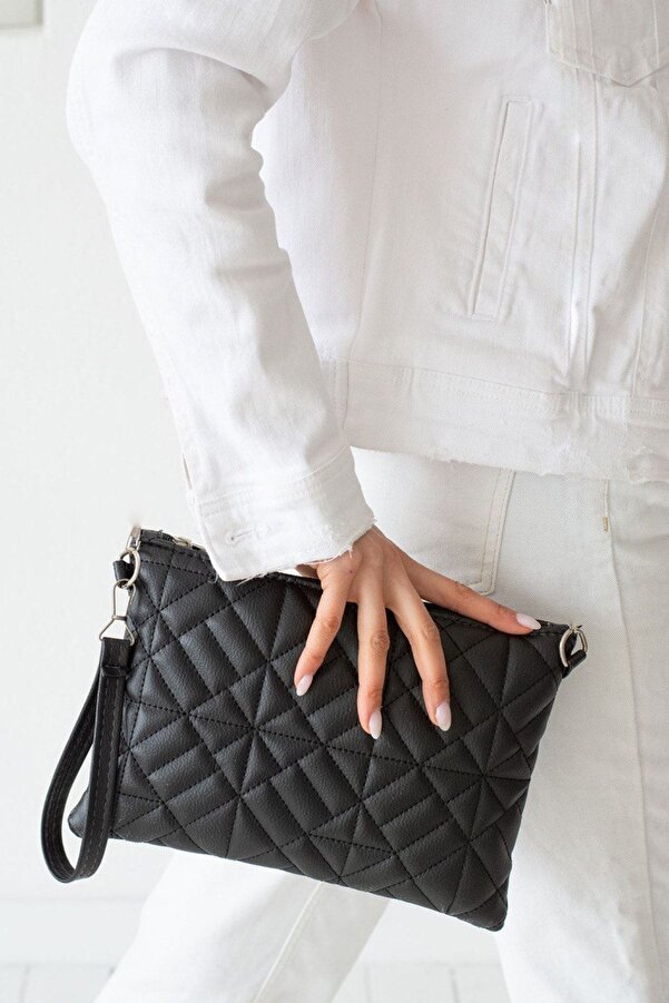Bagfoni Black Geometric Patterned Portfolio Clutch Handbag 25X19 cm ...