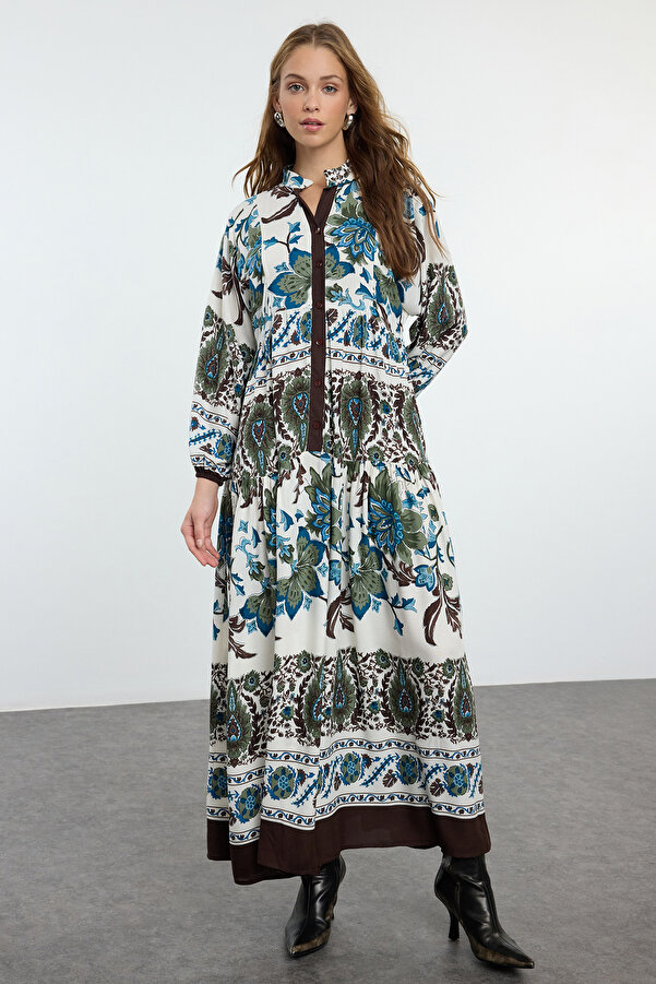 Trendyol Modest Brown Floral Viscose Woven Dress Tctss24Eb00221- Trendyol