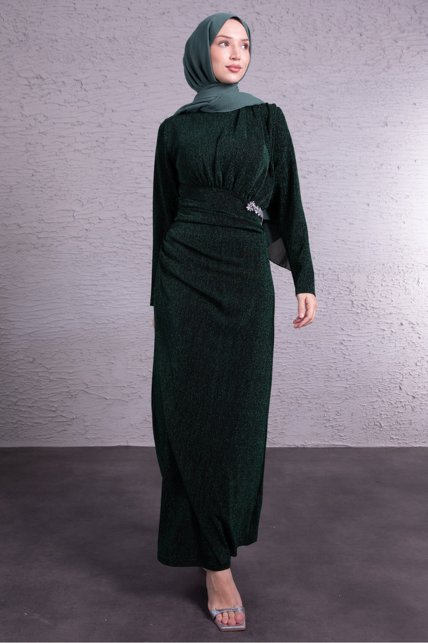 Lamia Giyim Emerald Evening Dress - Stone Embroidered and Drawstring ...