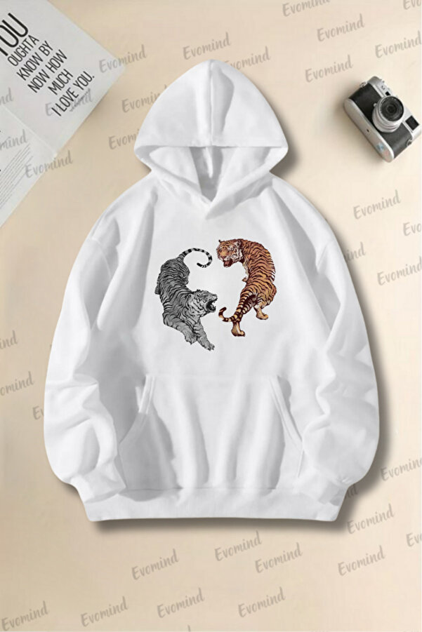 Evomind Унисекс суичър с качулка за възрастни и деца с принт на тигър- Trendyol
