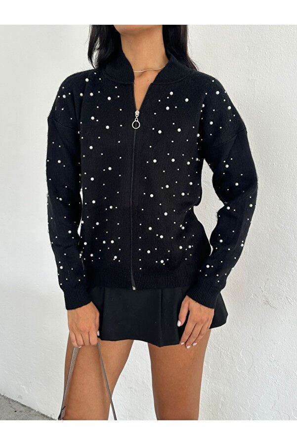Brantu Cardigan cu fermoar perlat negru de damă- Trendyol