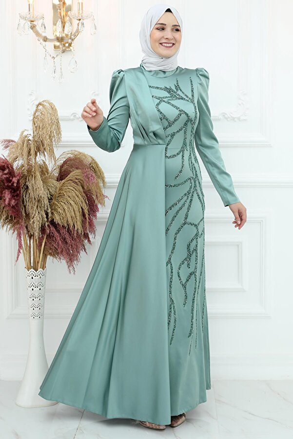 Amine Hüma Burçin Satin Evening Dress Green - Trendyol