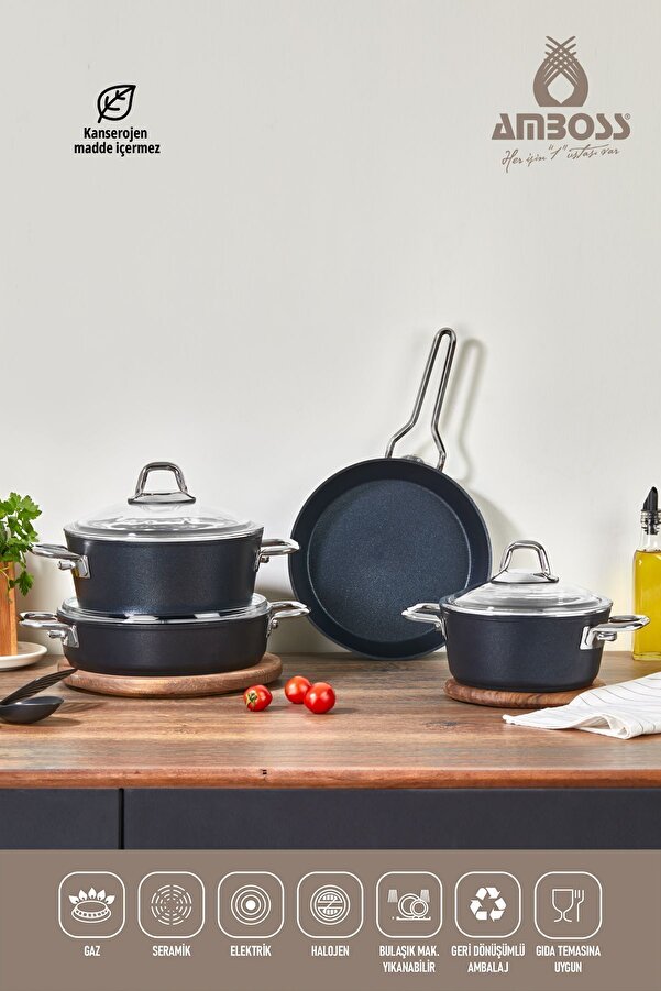 Amboss Shadow 7 Piece Fireproof Non-Stick Crush-Granite Pot Set - Black ...