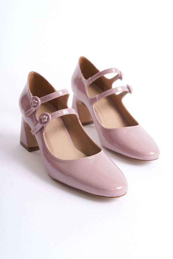 UĞURÖKÇE Women's Salmon Patent Leather Mid-Heeled Two-Strap Shoes- Trendyol