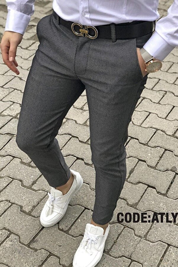 DOPPİO'N DENİM Ανδρικό λινό παντελόνι Anthracite Slim Fit Flexible ...
