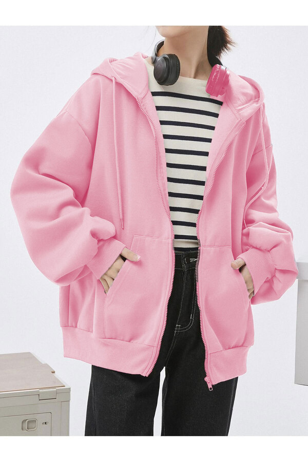 Know Pink Hood Detailed Women's Cardigan - Zippered - Trendyol