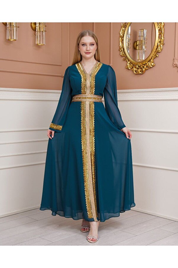 ALWAKI Stone Detailed Chiffon Koftan Evening Dress - Long Sleeve and ...