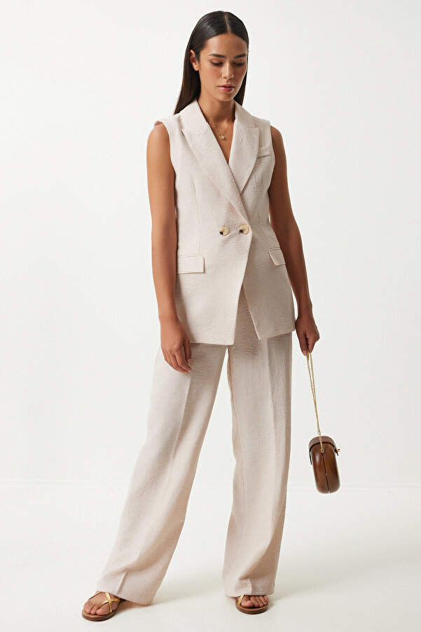 Happiness İstanbul Cream Color Oversize Women's Vest and Trousers Set ...