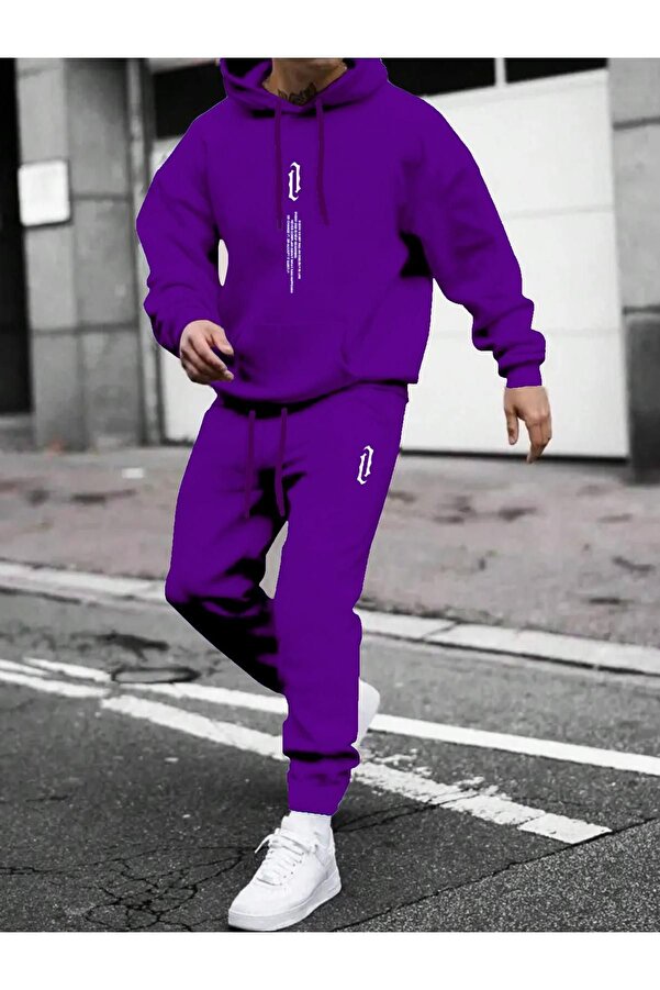 Altamira Purple Vertical Printed Oversize Men's Tracksuit Set - Trendyol