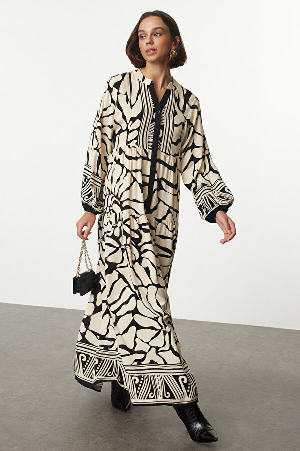 Trendyol Modest Beige Geometric Print Viscose Woven Dress ...