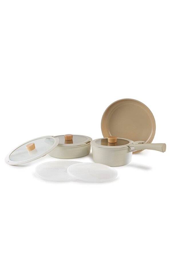NEOFLAM Midas Beige 9-Piece Detachable Handle Nesting Induction Pot Pan ...