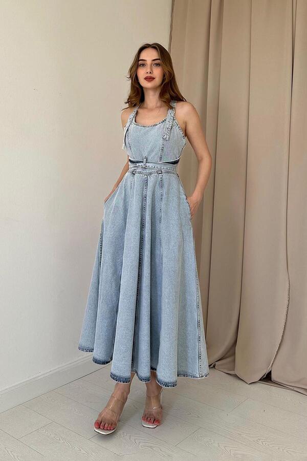 Elbee Fashion Woman Snow Wash Midi Length Banded Denim Dress- Trendyol