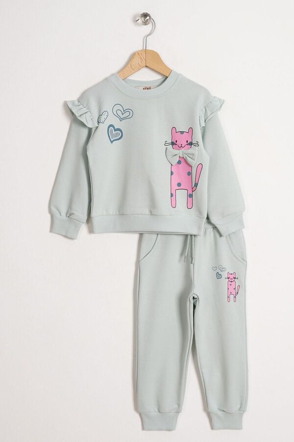 zepkids Crew Neck Long Sleeve Cat Printed Mint Color Girl's Tracksuit ...