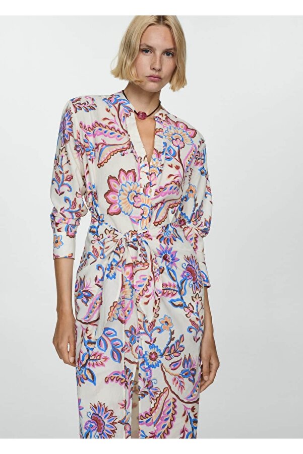 MANGO Floral Patterned Dress with Tie Detail- Trendyol