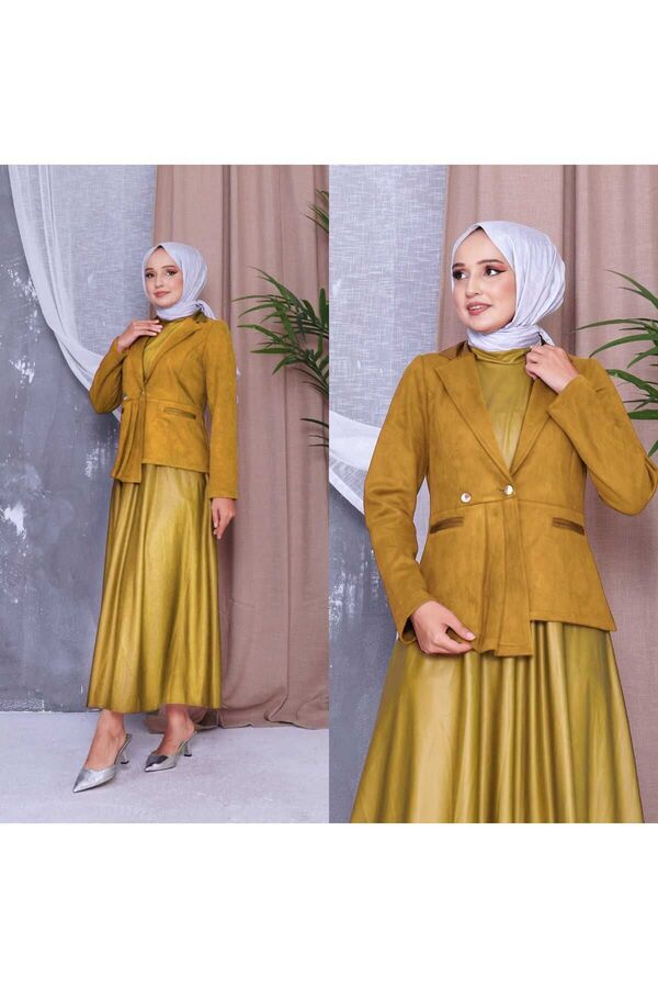 Zümrüt leather dress and suede buttoned jacket, winter double islamic ...