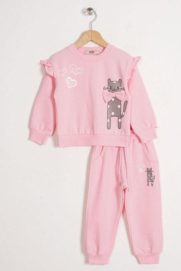 zepkids Crew Neck Long Sleeve Cat Printed Light Pink Color Girl's ...